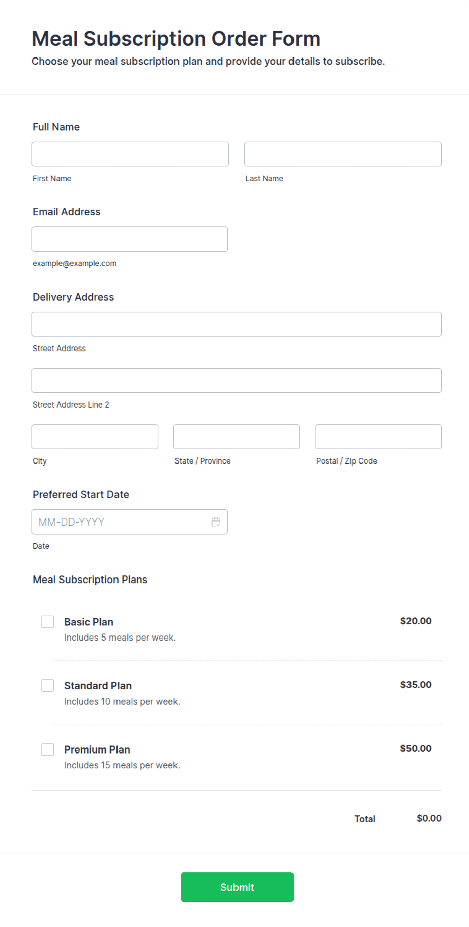 Meal Subscription Order Form Template | Jotform