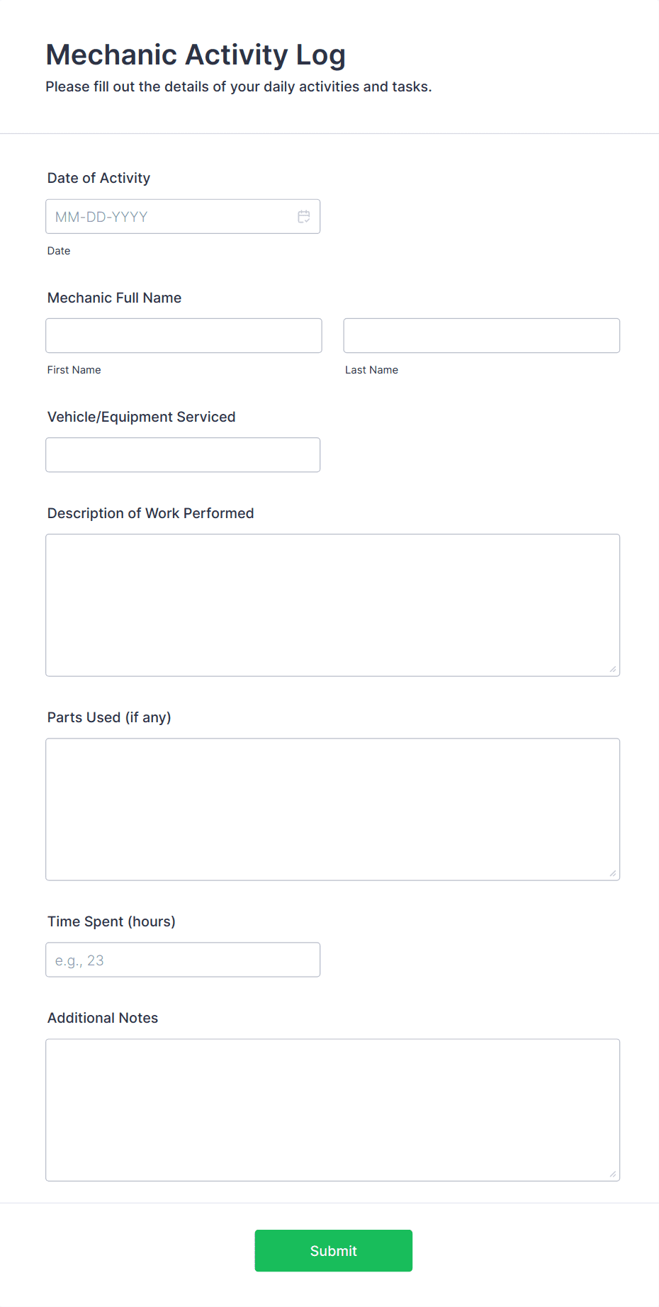 Mechanic Activity Log Form Template | Jotform