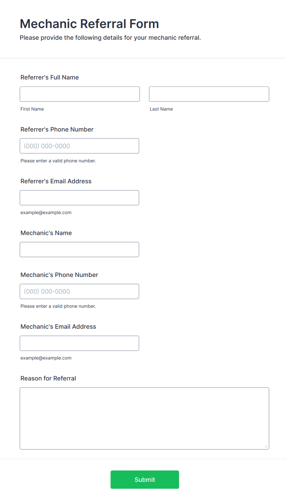 Mechanic Referral Form Template | Jotform