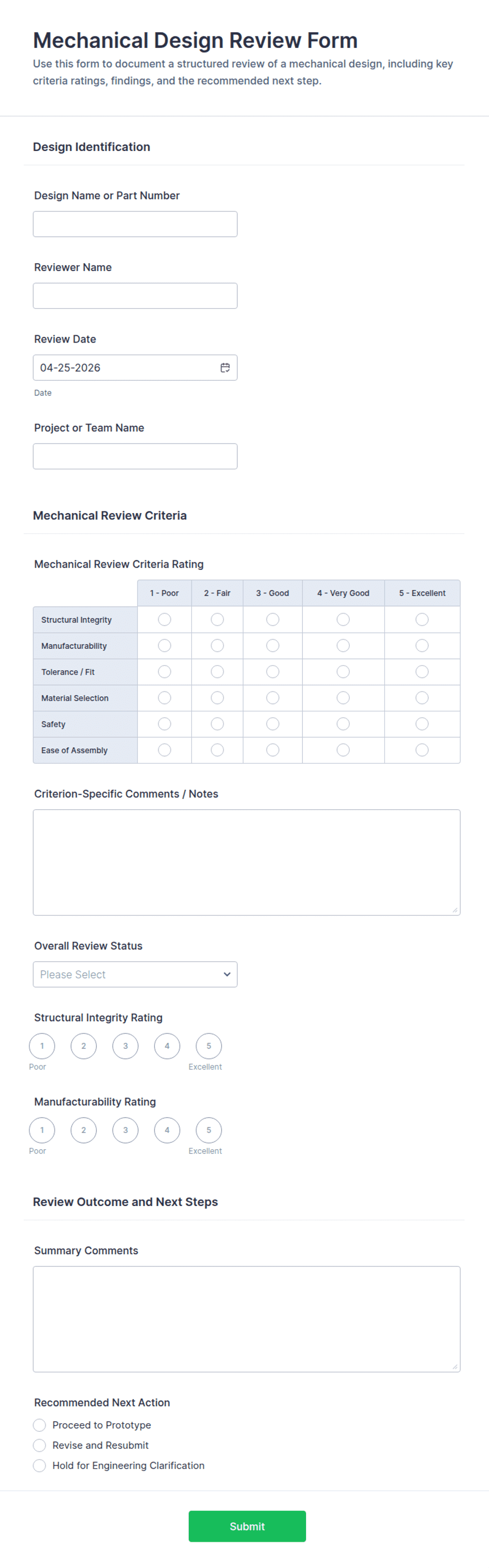 Mechanical Design Review Form Template | Jotform
