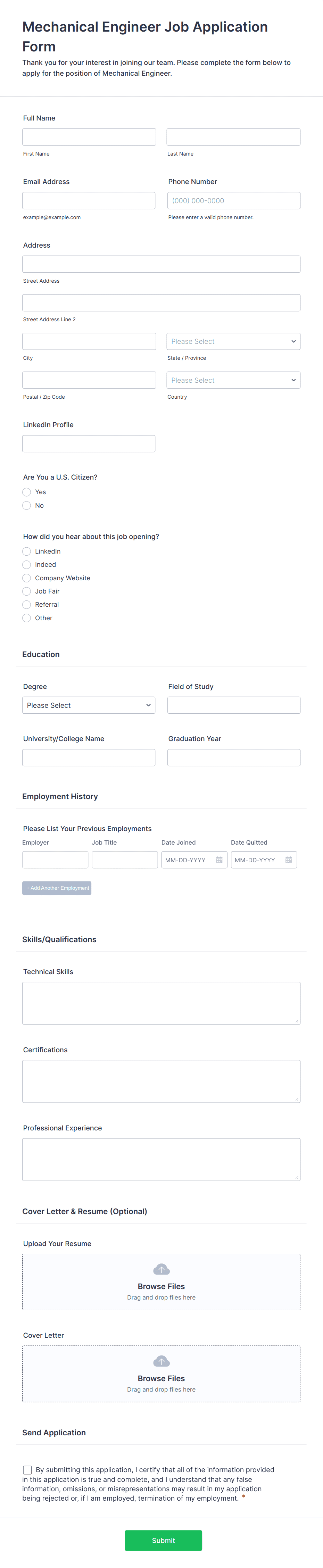 Mechanical Engineer Job Application Form Template | Jotform