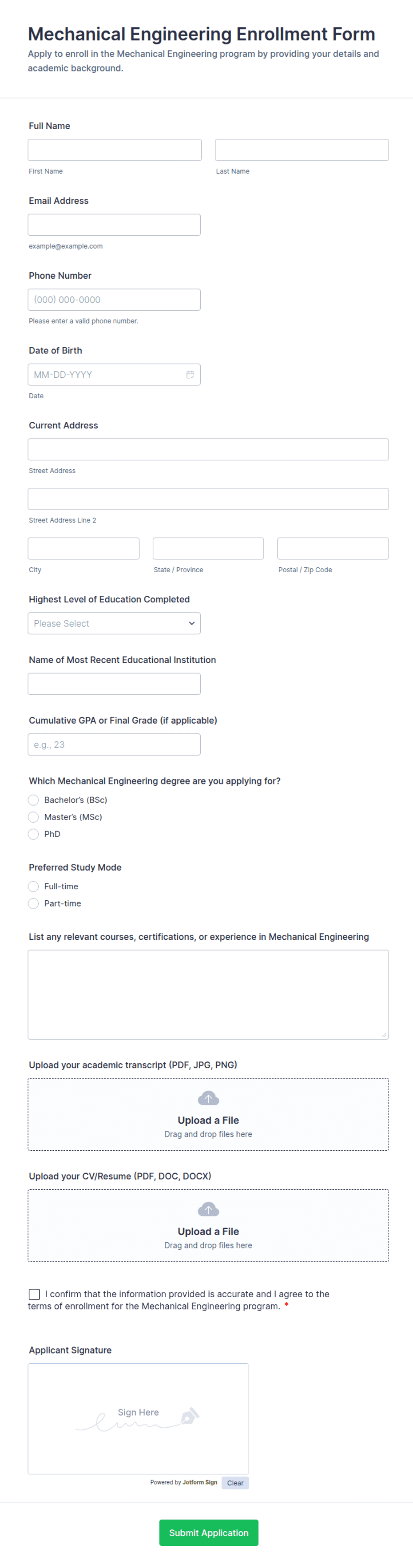 Mechanical Engineering Enrollment Form Template | Jotform