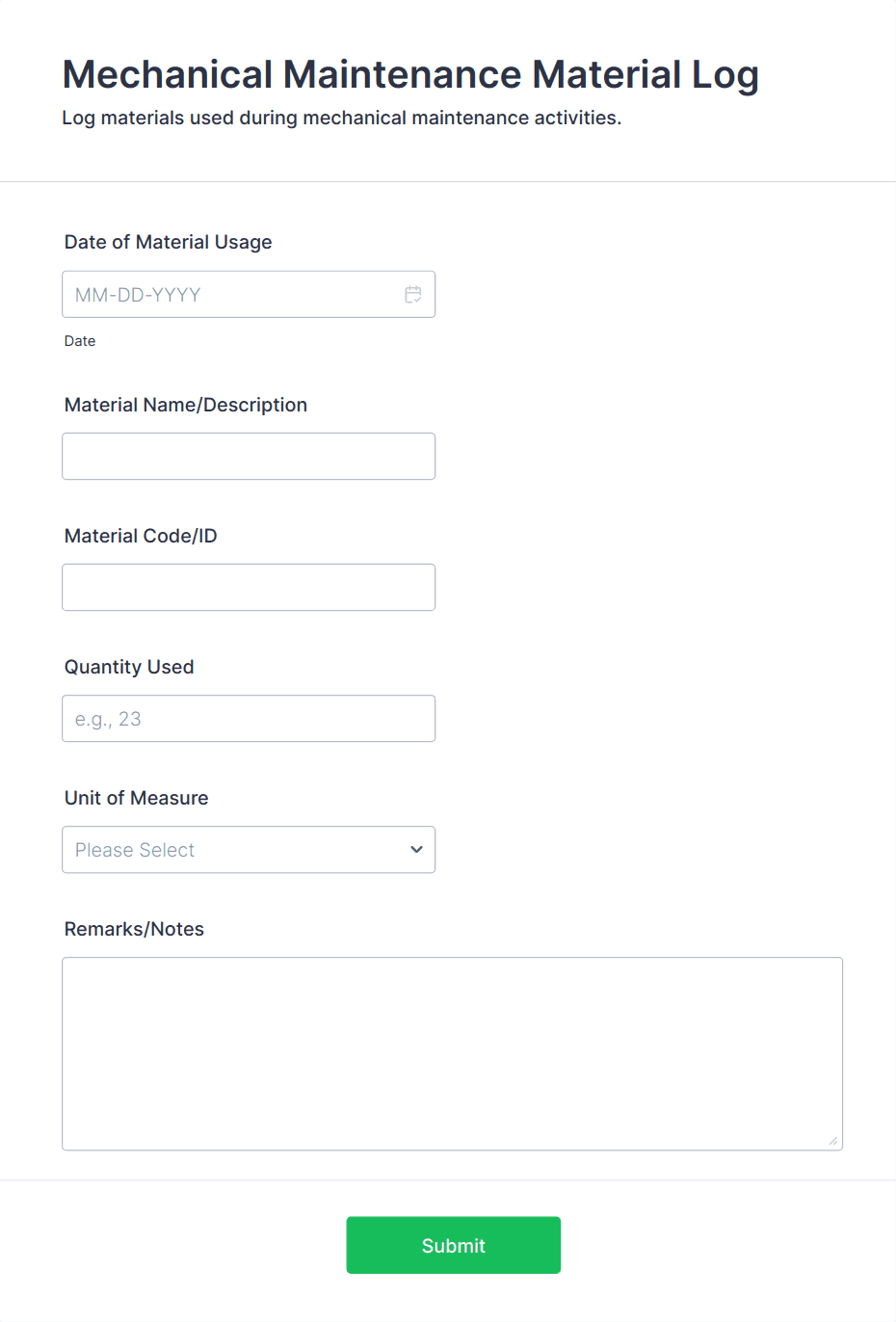 Mechanical Maintenance Material Log Form Template | Jotform