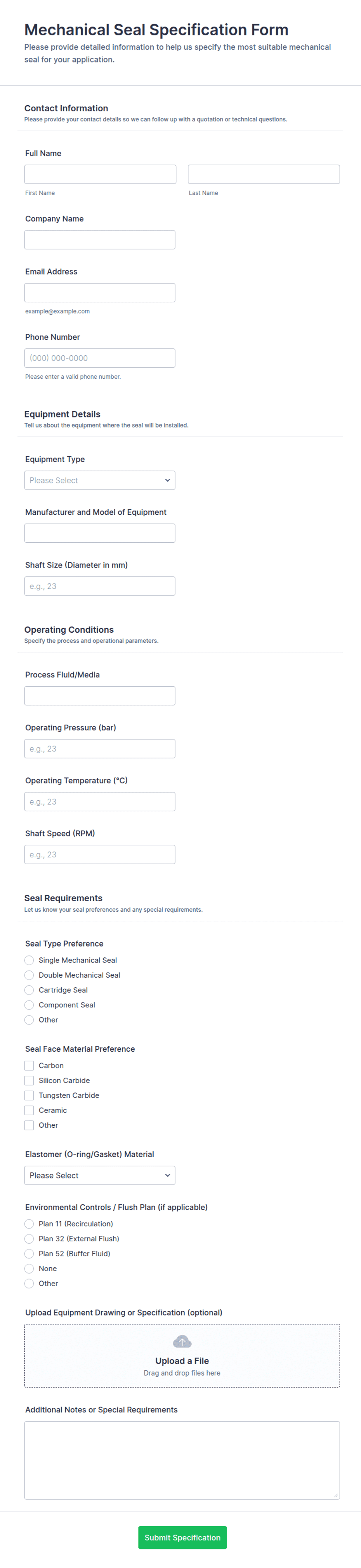 Mechanical Seal Specification Form Template | Jotform