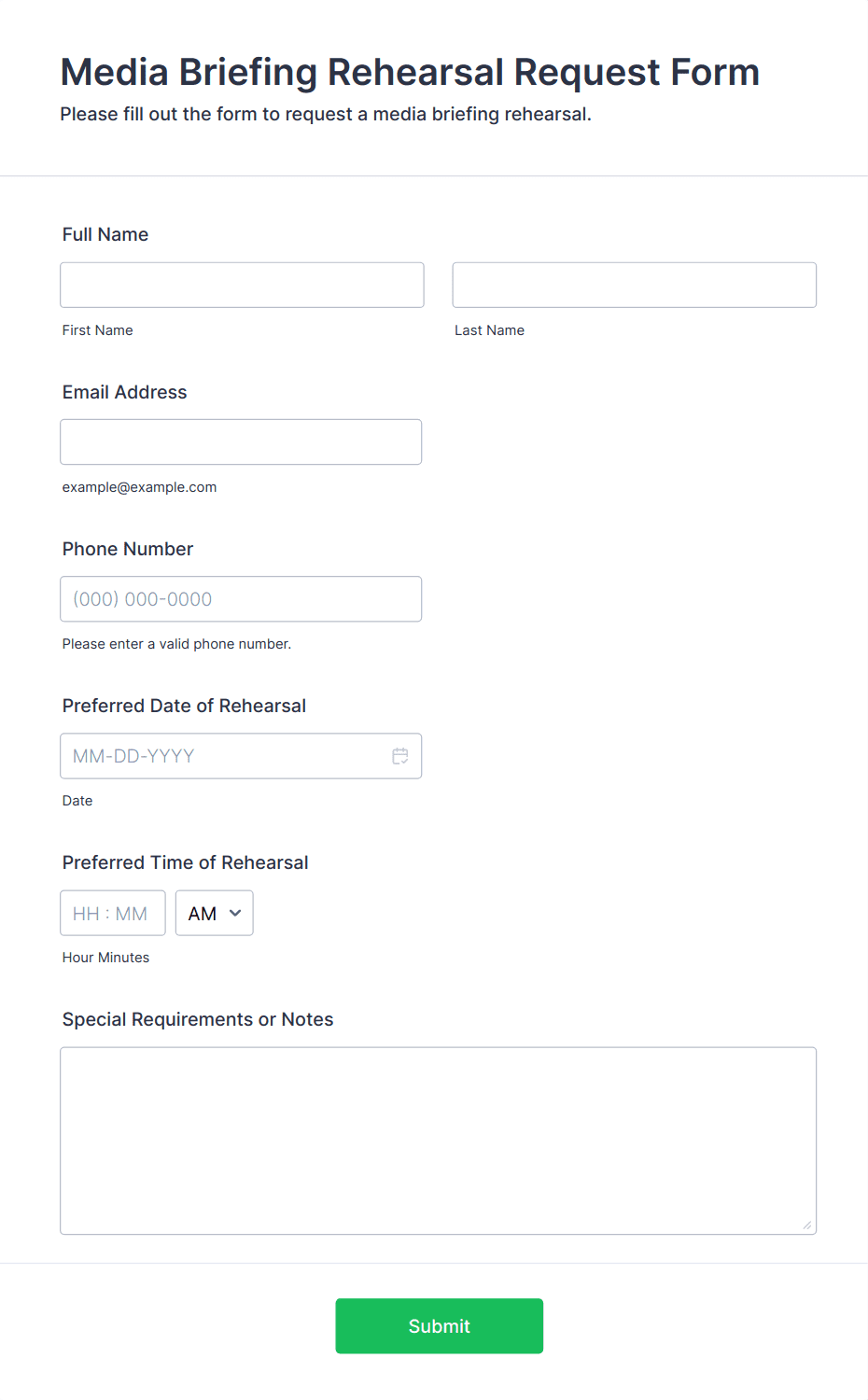 Media Briefing Rehearsal Request Form Template | Jotform