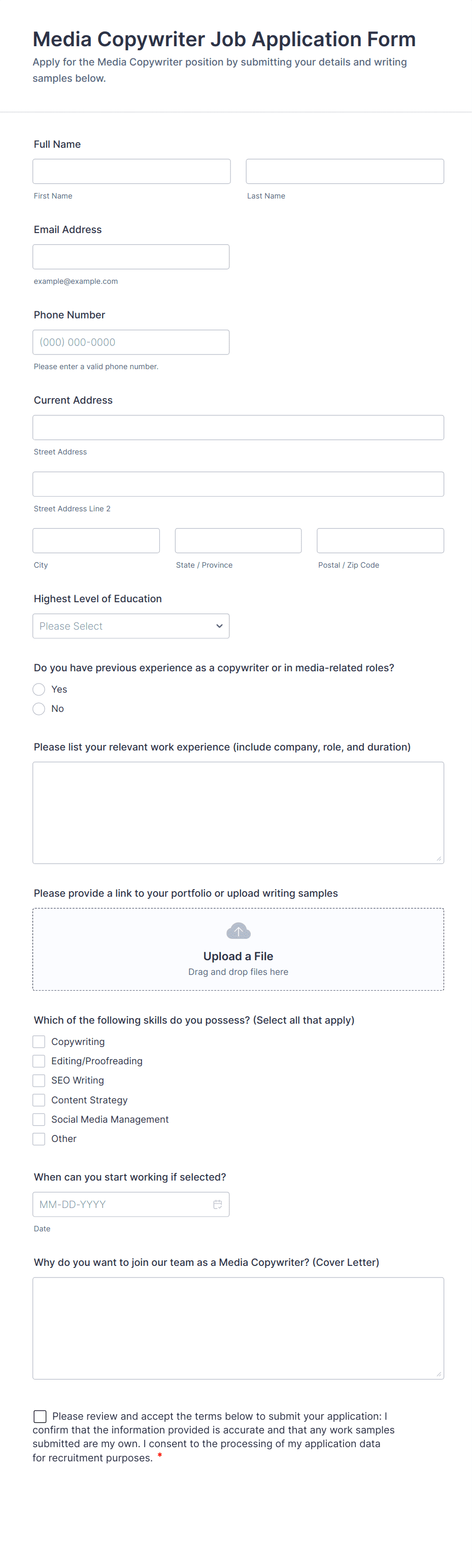 Media Copywriter Job Application Form Template | Jotform