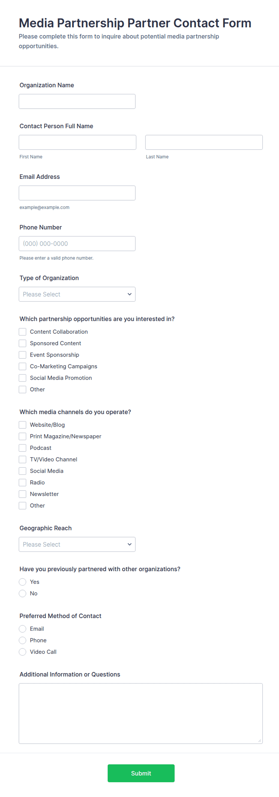 Media Partnership Partner Contact Form Template | Jotform