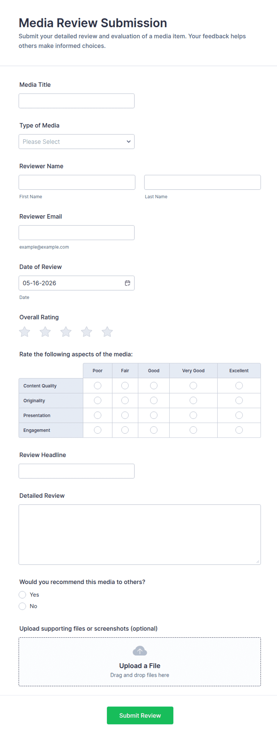 Media Review Submission Form Template | Jotform