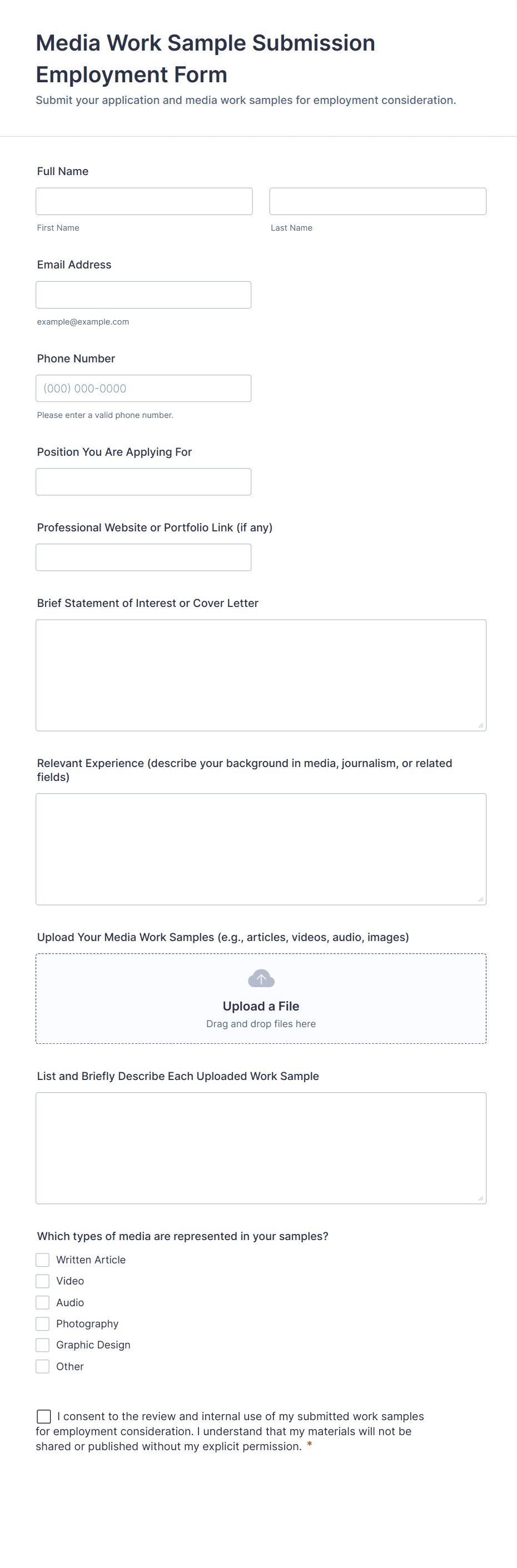 Media Work Sample Submission Employment Form Template | Jotform