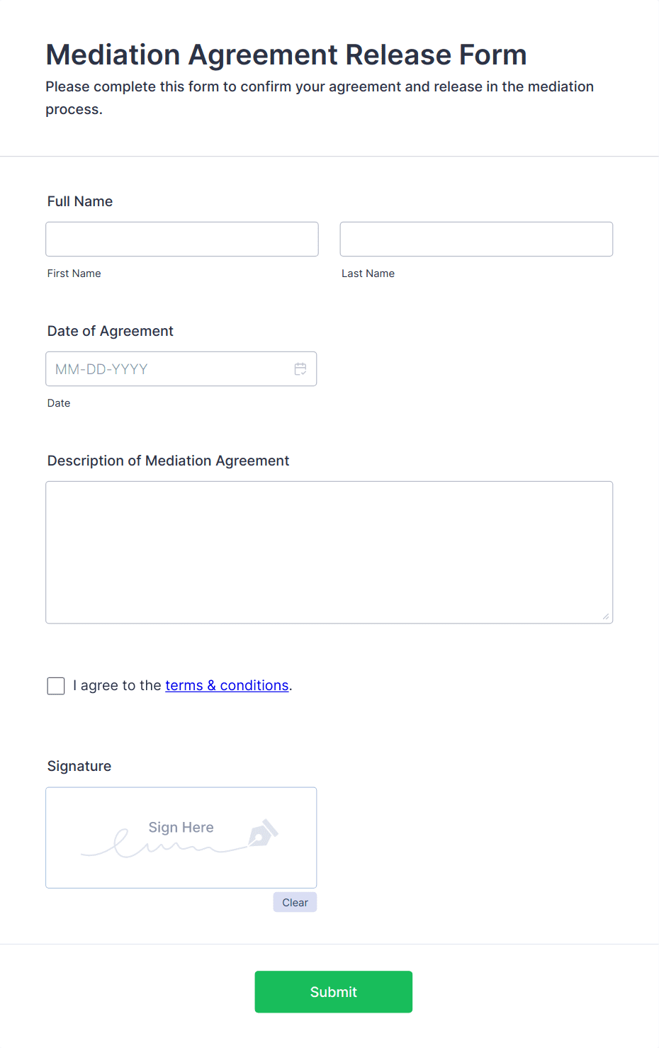 Mediation Agreement Release Form Template | Jotform