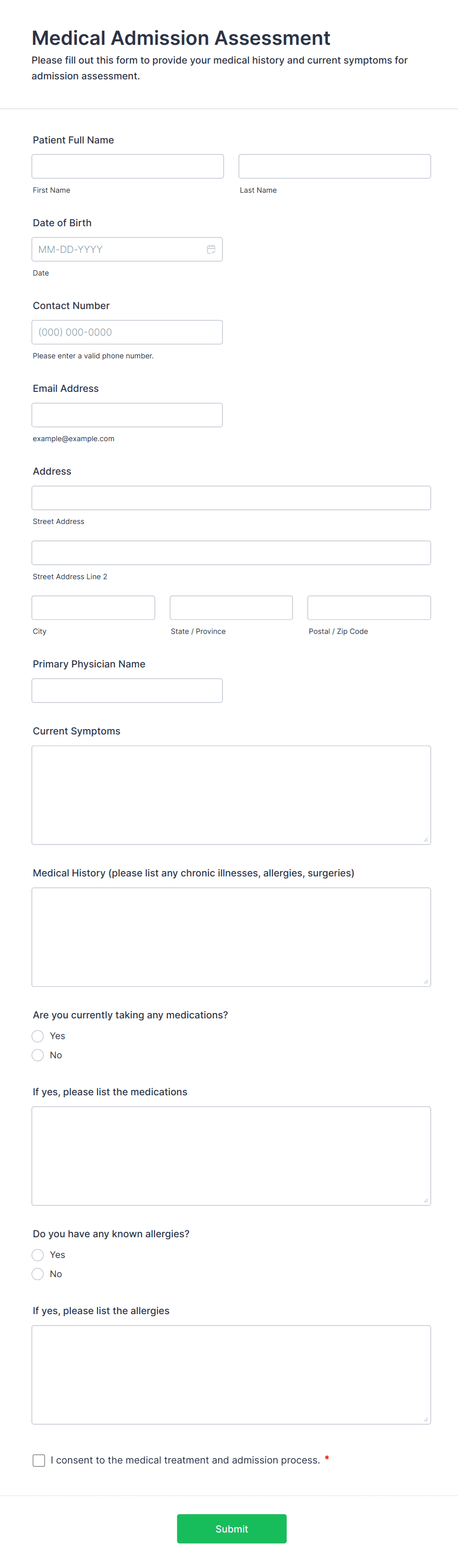 Medical Admission Assessment Form Template | Jotform