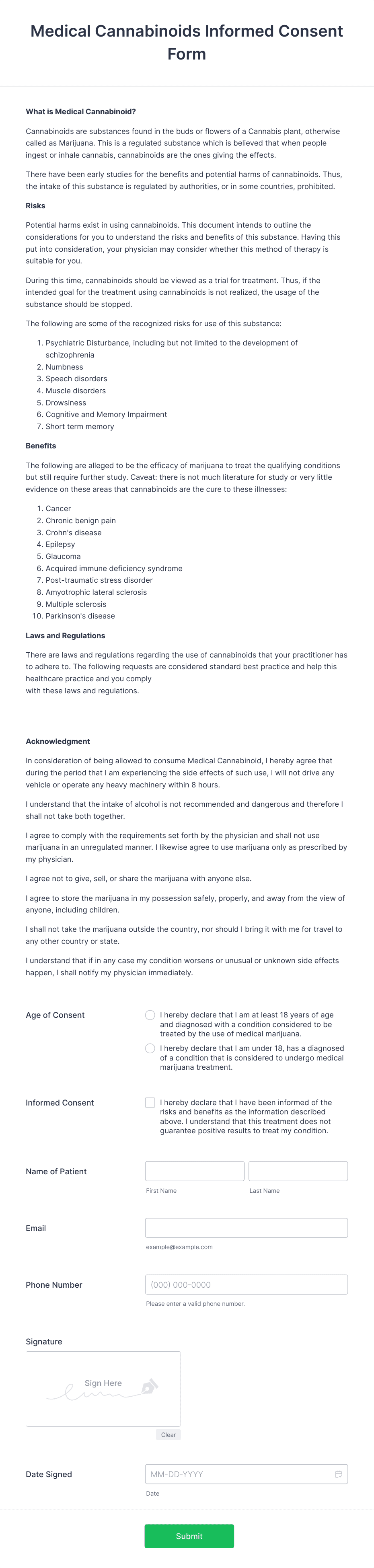 Medical Cannabinoids Informed Consent Form Template | Jotform