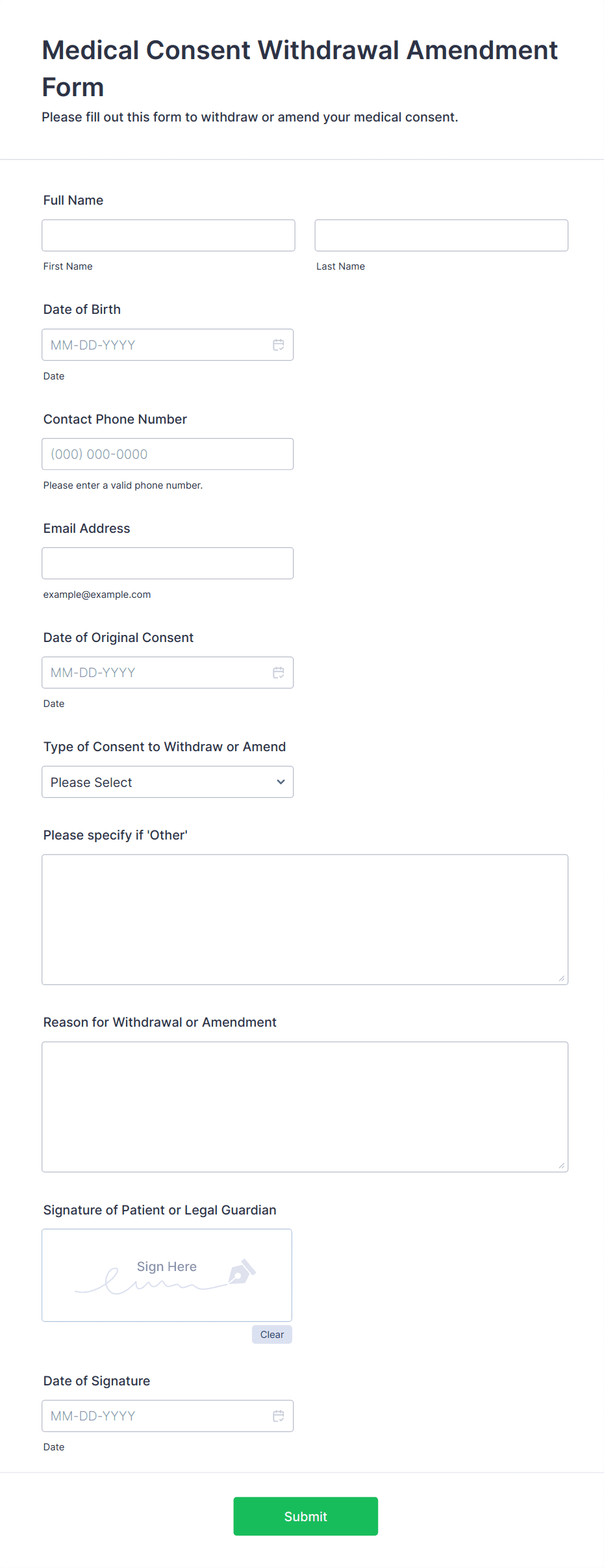 Medical Consent Withdrawal Amendment Form | Jotform