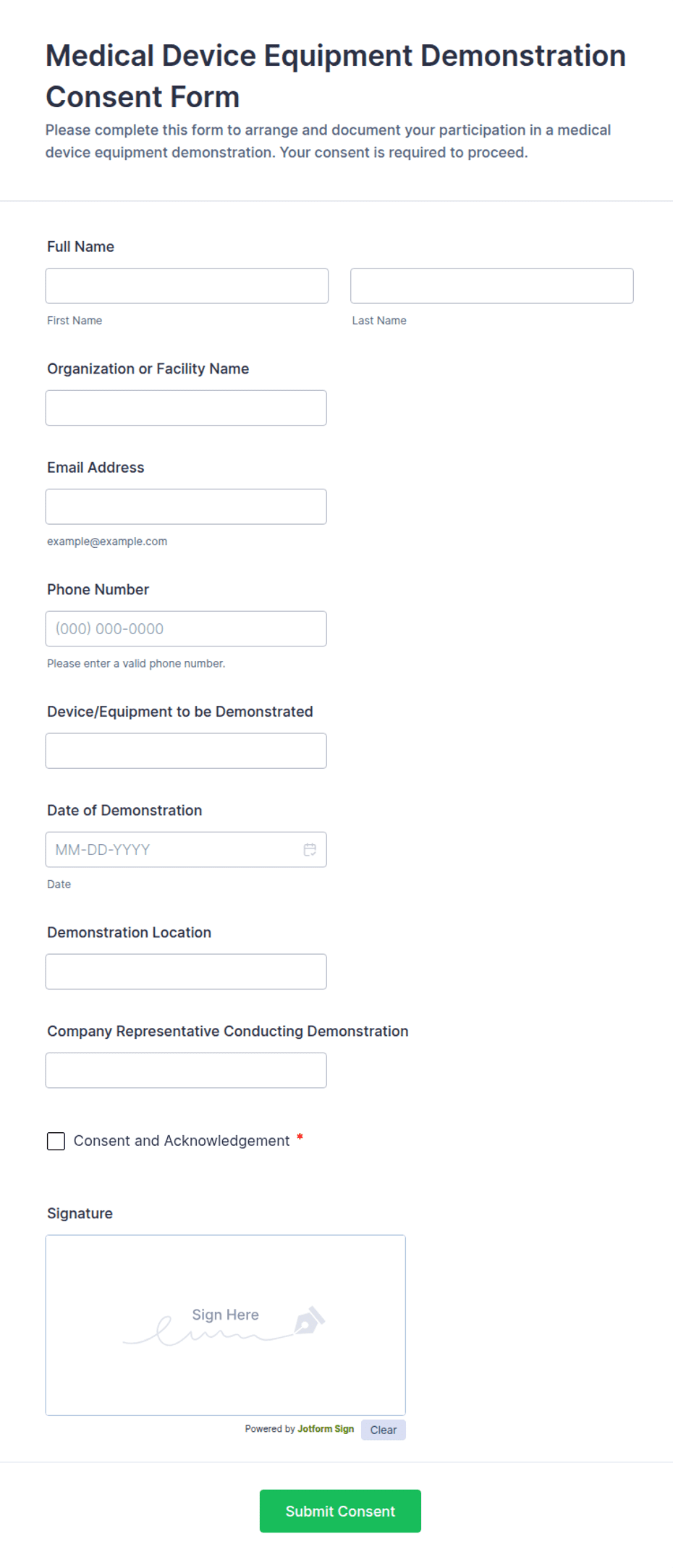 Medical Device Equipment Demonstration Consent Form Template | Jotform