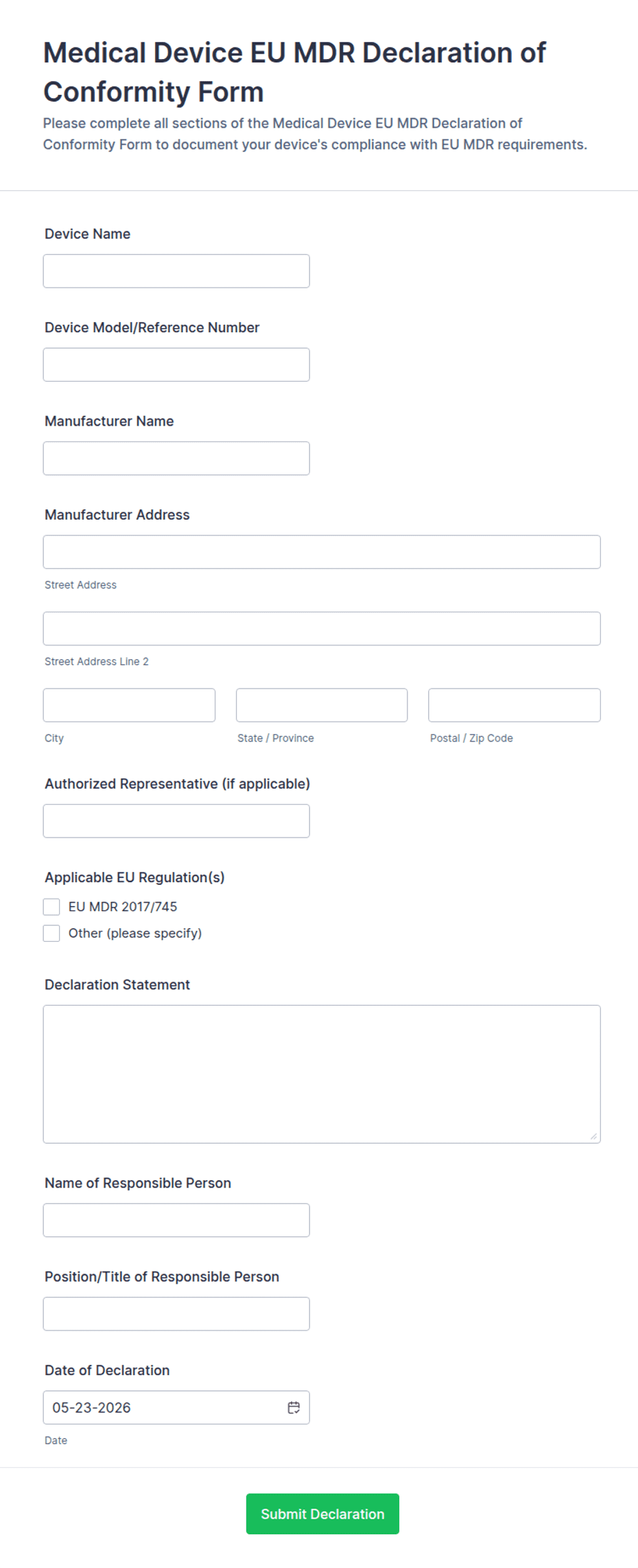 Medical Device EU MDR Declaration of Conformity Form Template | Jotform