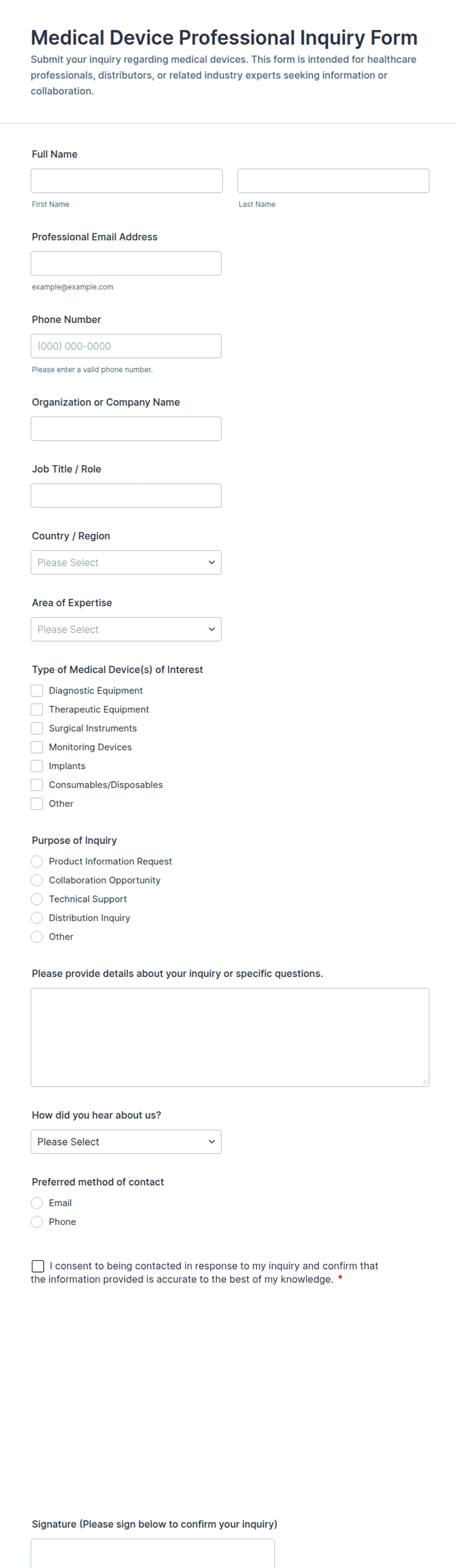 Medical Device Professional Inquiry Form Template | Jotform