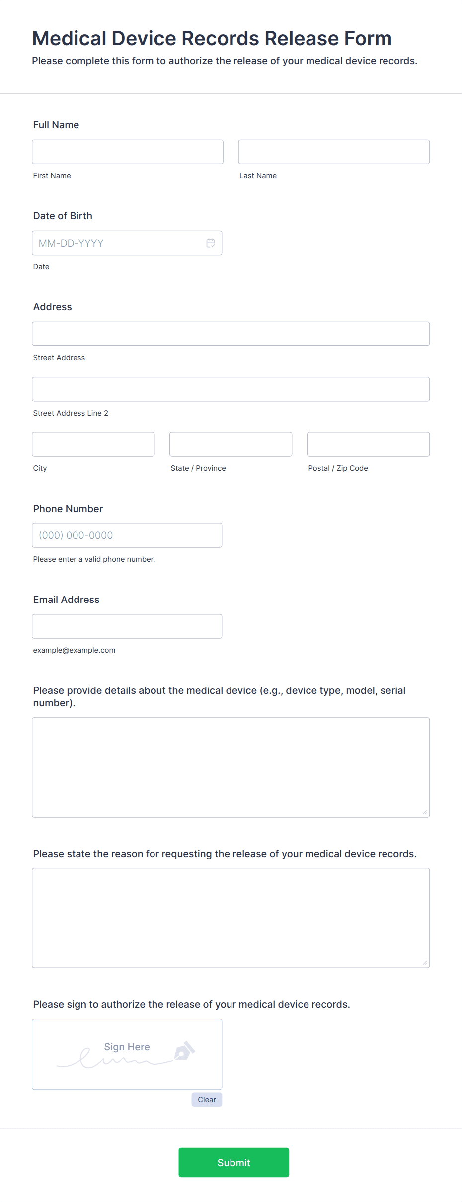 Medical Device Records Release Form Template | Jotform