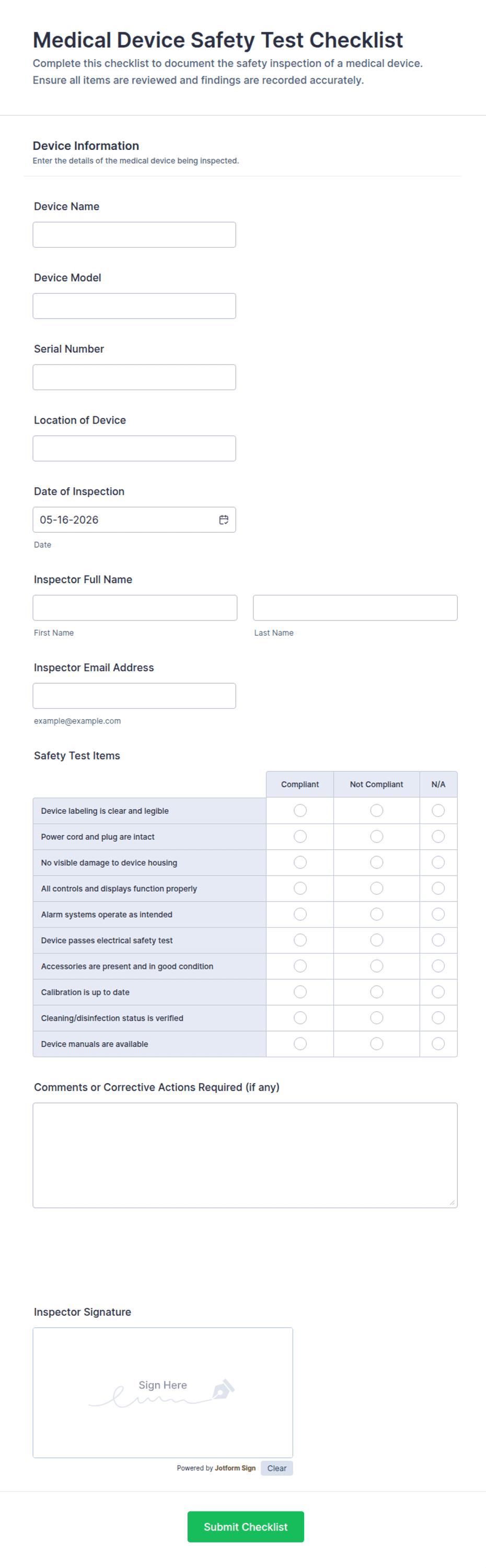 Medical Device Safety Test Checklist Form Template | Jotform