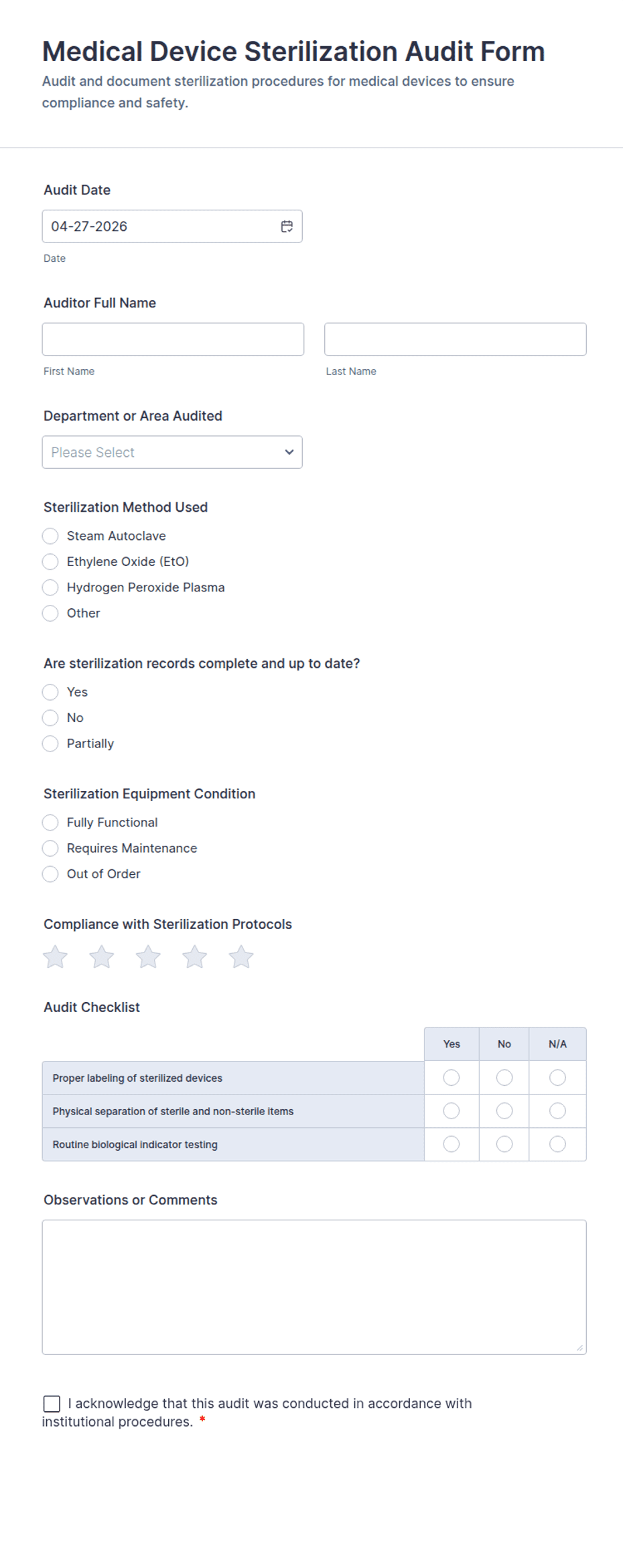 Medical Device Sterilization Audit Form Template | Jotform