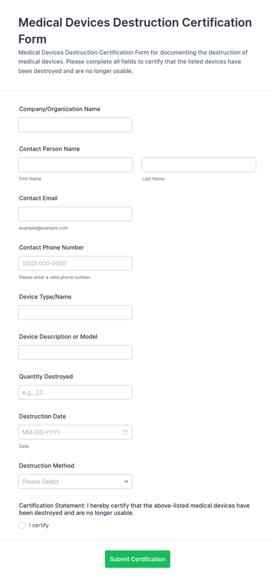 Medical Devices Destruction Certification Form Template | Jotform