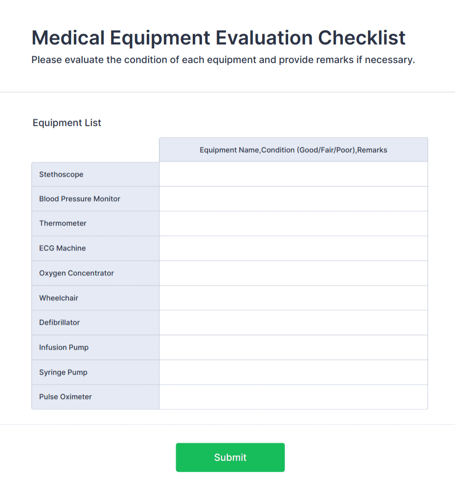 Medical Equipment Evaluation Checklist Form Template | Jotform