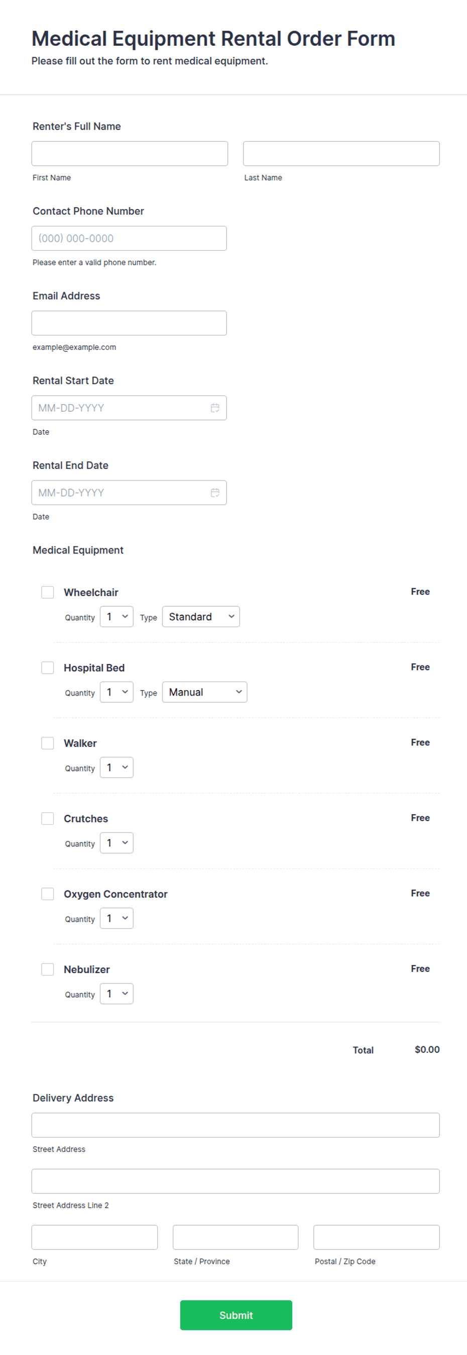 Medical Equipment Rental Order Form Template | Jotform
