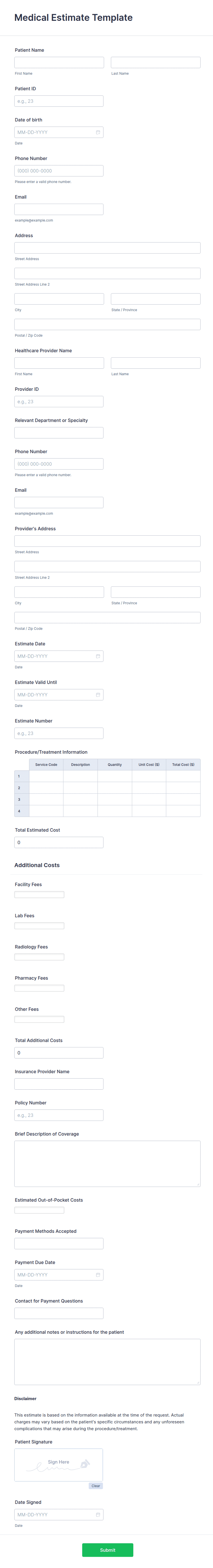 Medical Estimate Template Form Template | Jotform