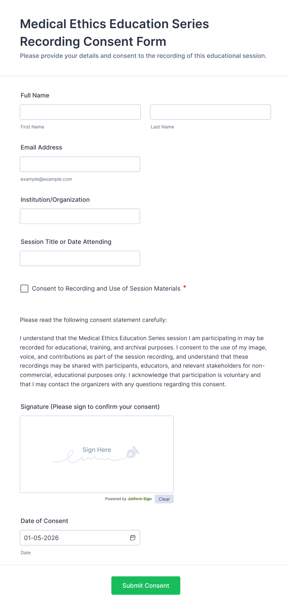 Medical Ethics Education Series Recording Consent Form Template | Jotform