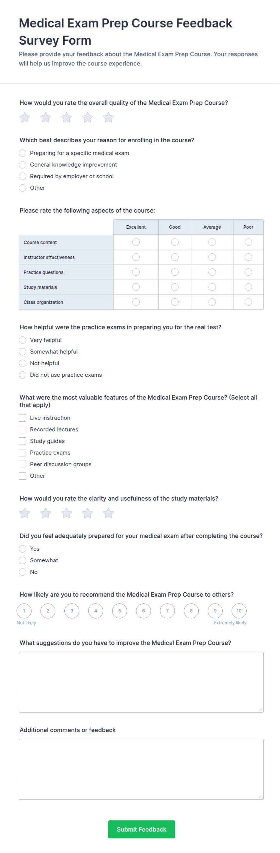Medical Exam Prep Course Feedback Survey Form Template | Jotform