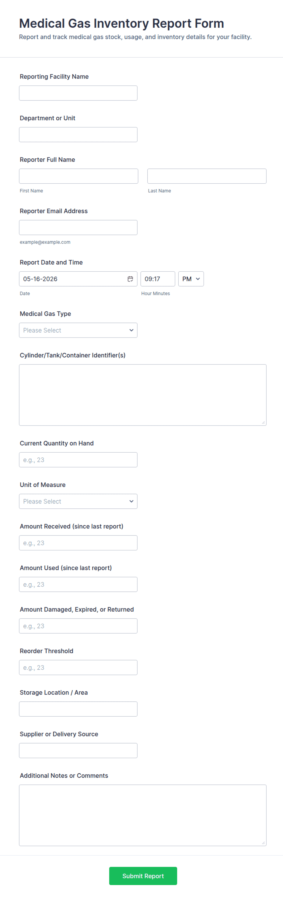 Medical Gas Inventory Report Form Template | Jotform