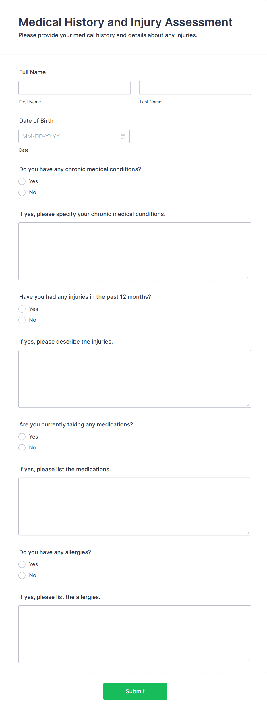 Medical History and Injury Assessment Form Template | Jotform