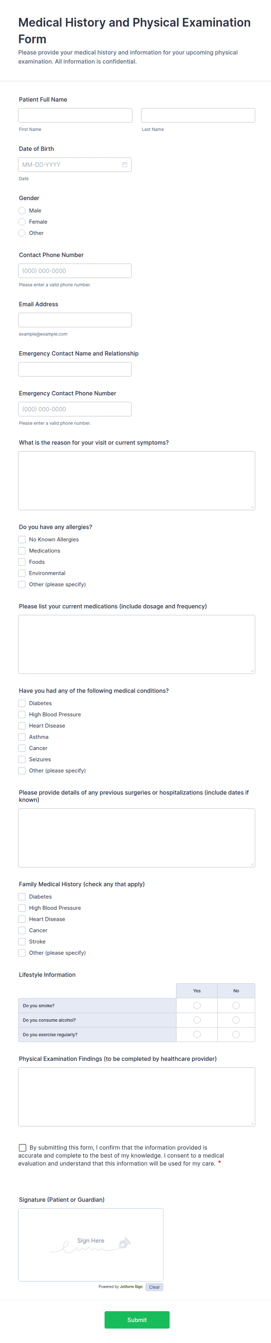 Medical History and Physical Examination Form Template | Jotform