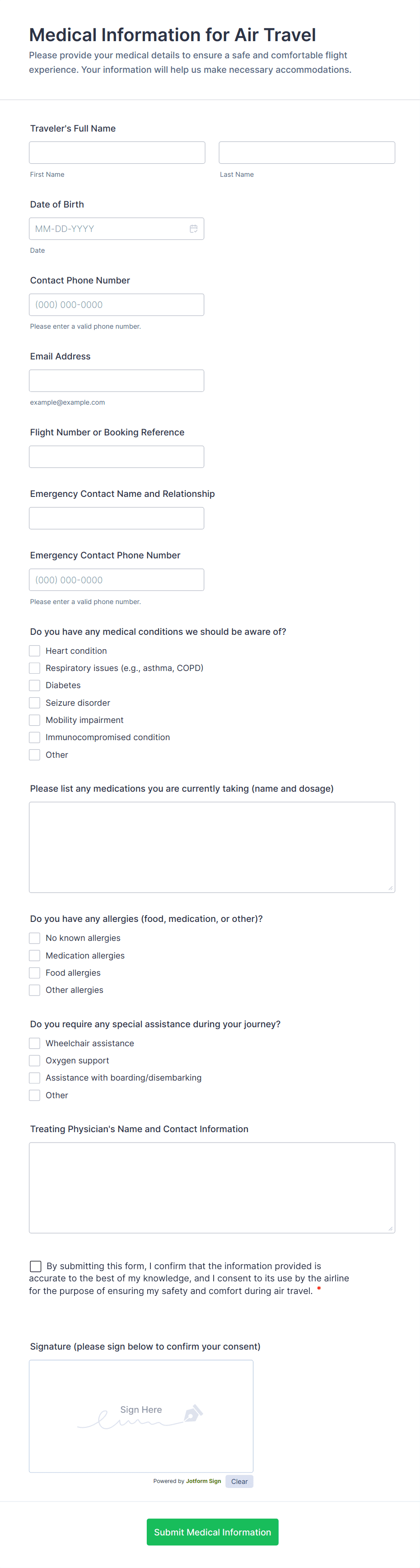 Medical Information for Air Travel Form Template | Jotform