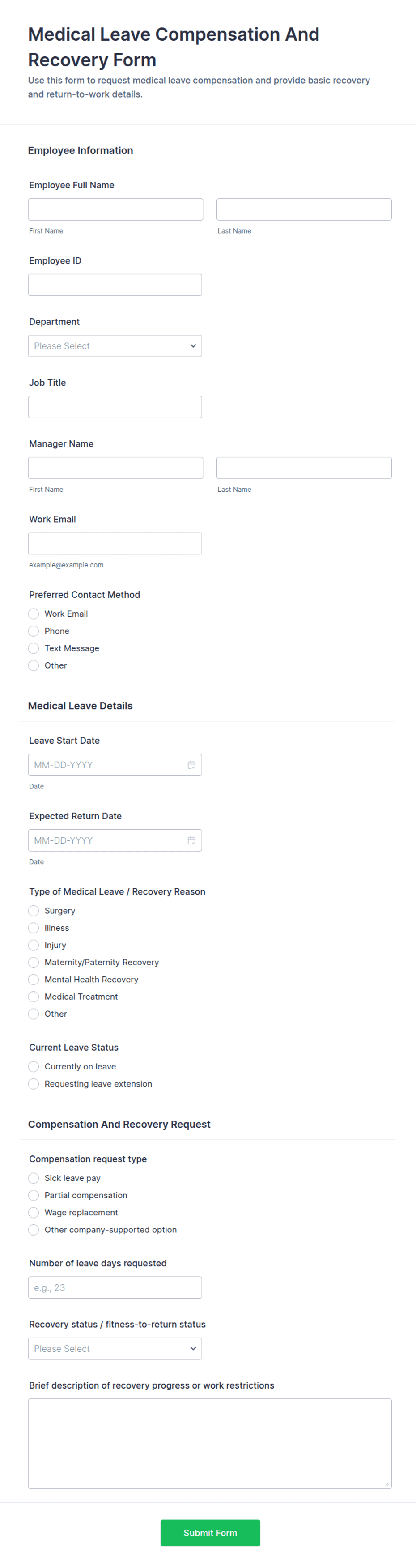 Medical Leave Compensation and Recovery Form Template | Jotform