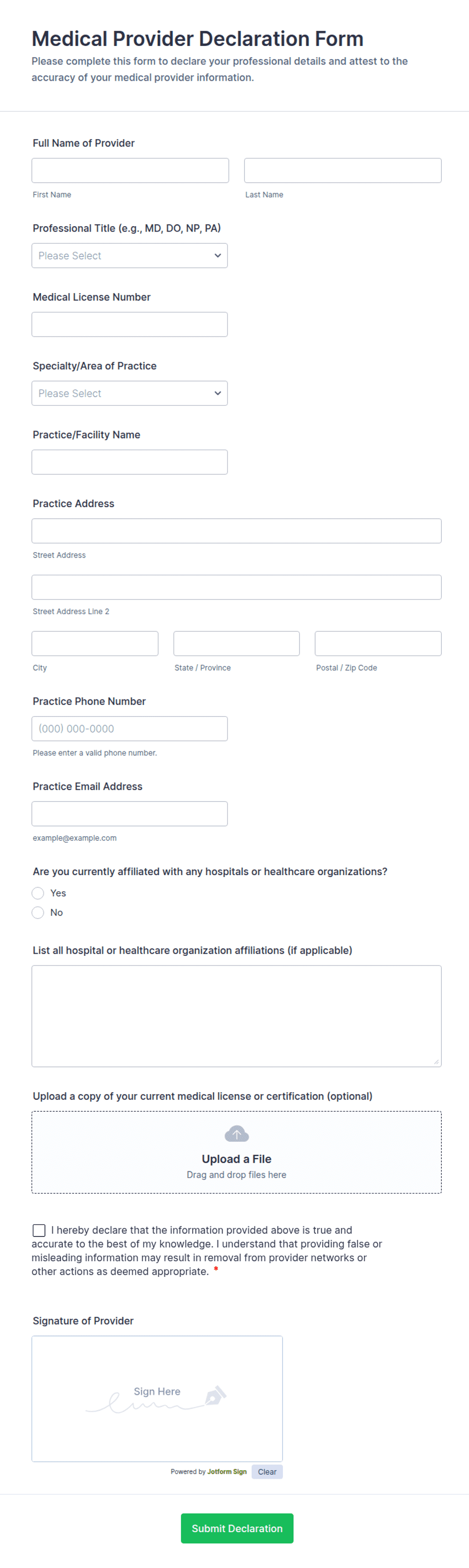 Medical Provider Declaration Form Template | Jotform