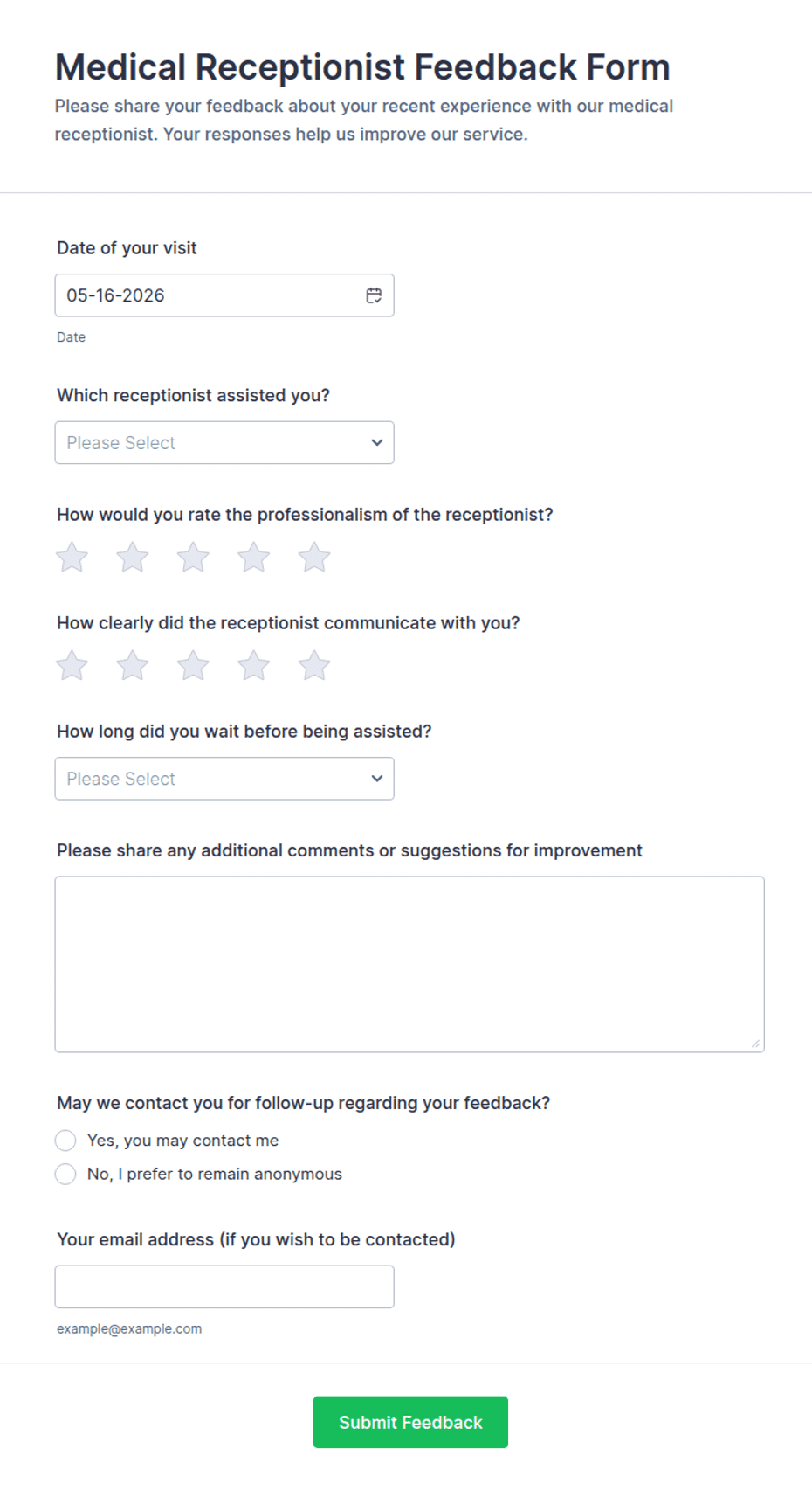 Medical Receptionist Feedback Form Template | Jotform