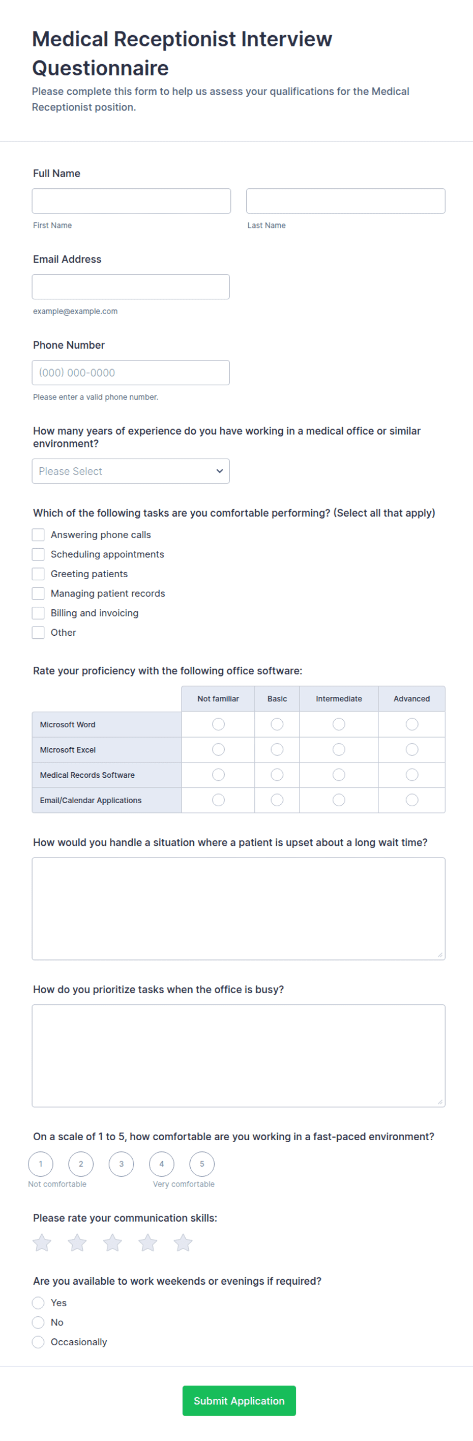 Medical Receptionist Interview Questionnaire Form Template | Jotform