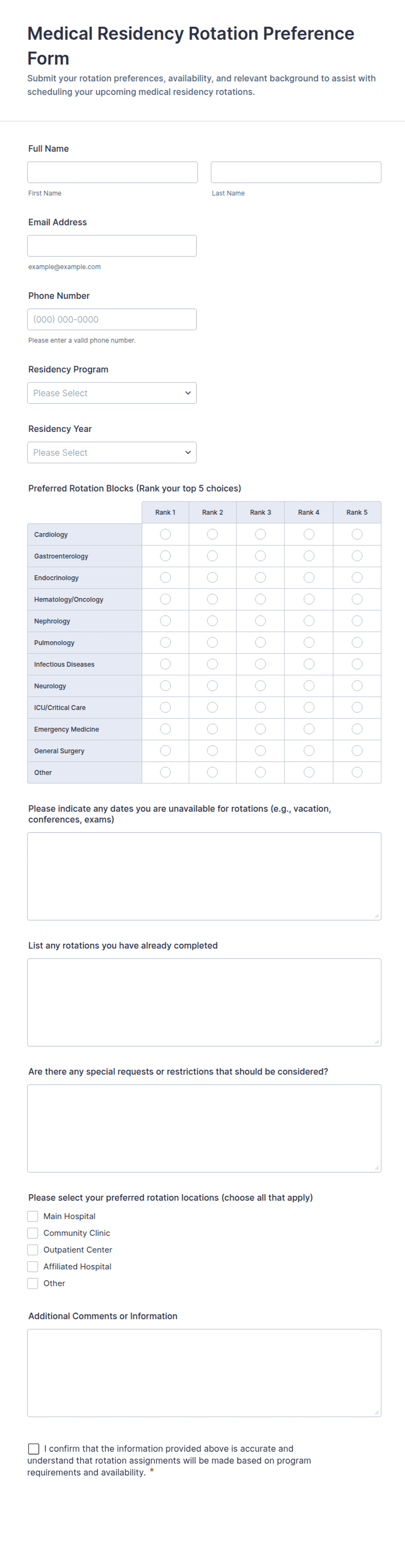 Medical Residency Rotation Preference Form Template | Jotform