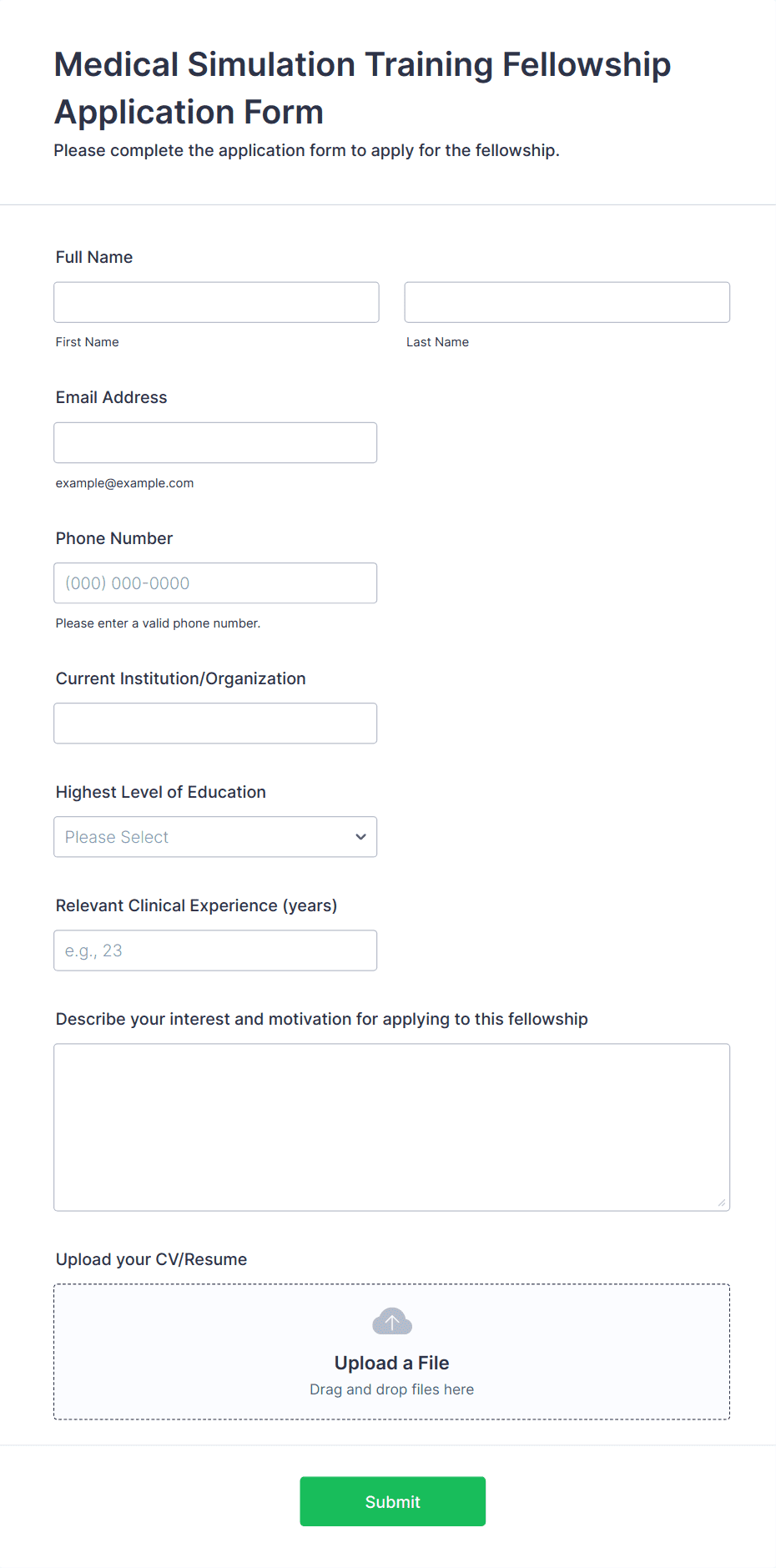 Medical Simulation Training Fellowship Application Form Template | Jotform