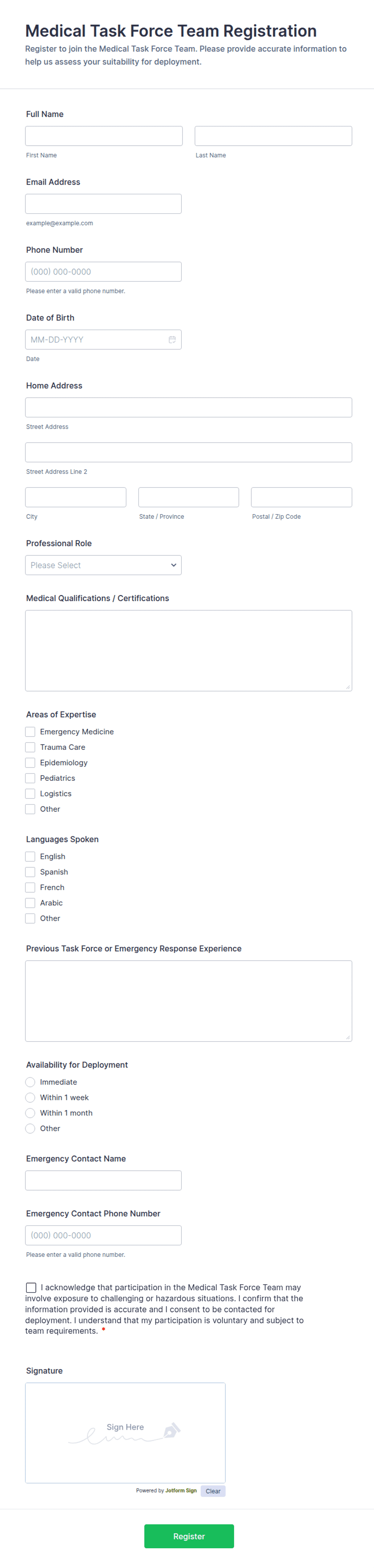 Medical Task Force Team Registration Form Template | Jotform