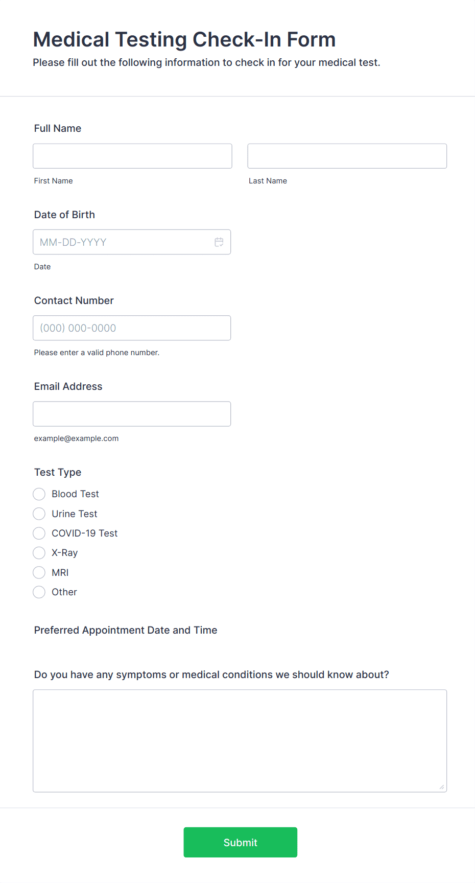 Medical Testing Check-In Form Template | Jotform
