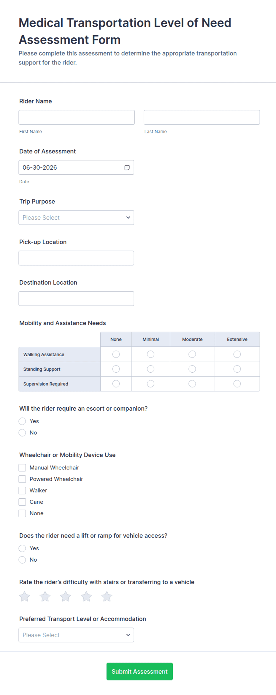 Medical Transportation Level of Need Assessment Form Template | Jotform