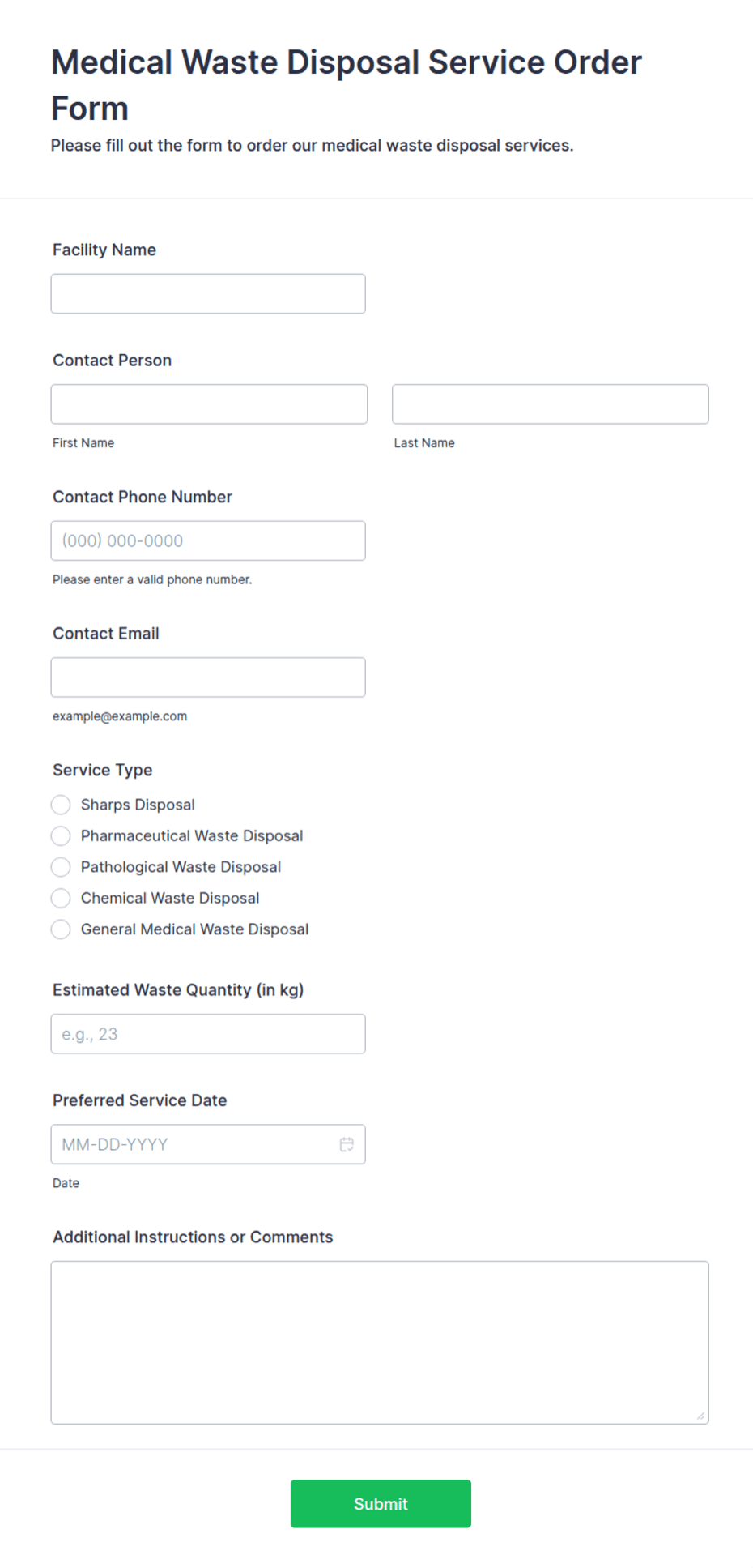 Medical Waste Disposal Service Order Form Template | Jotform