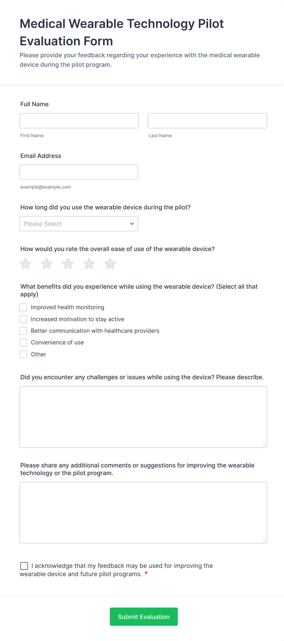 Medical Wearable Technology Pilot Evaluation Form Template | Jotform