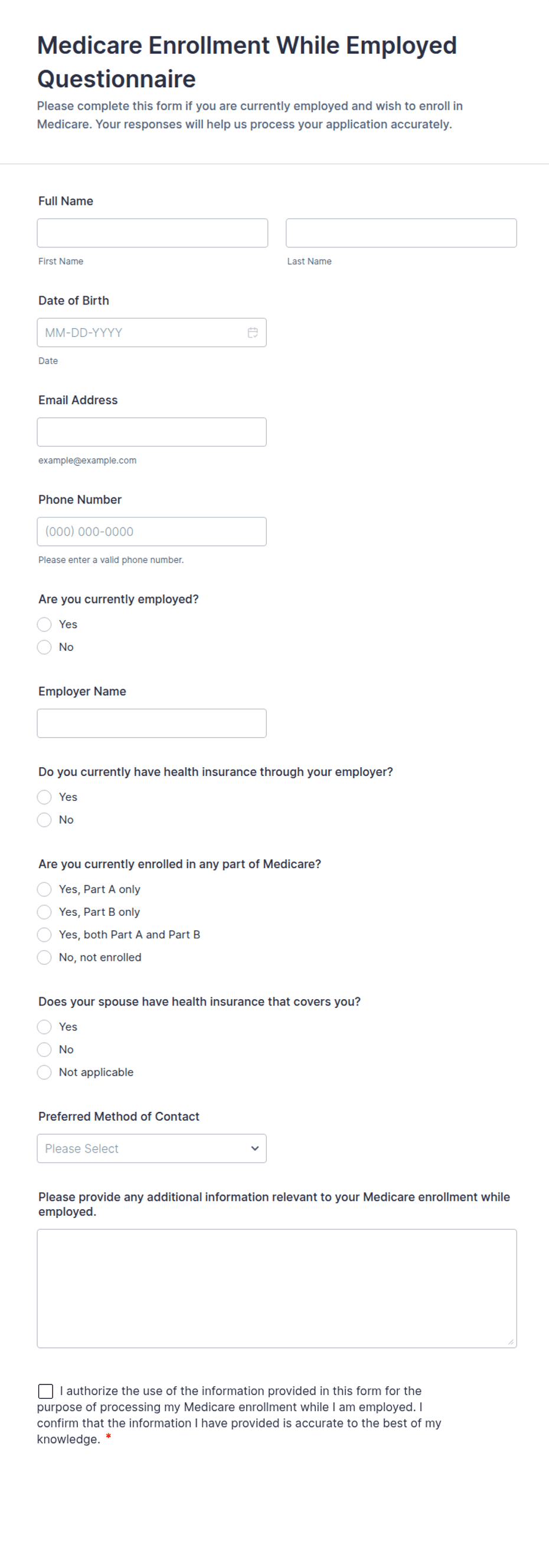 Medicare Enrollment While Employed Questionnaire Form Template | Jotform