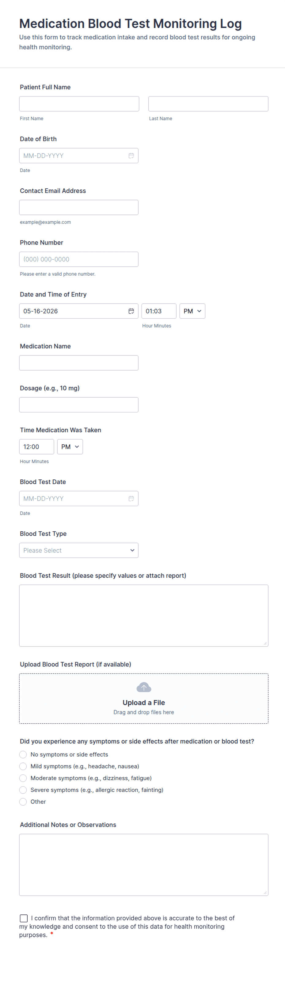 Medication Blood Test Monitoring Log Form Template | Jotform