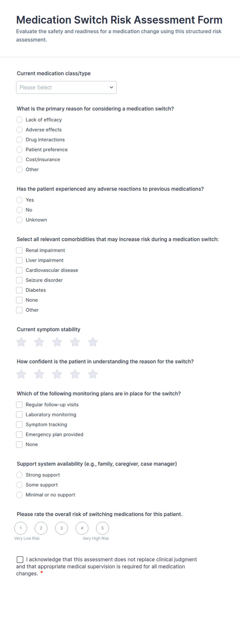 Medication Switch Risk Assessment Form Template | Jotform