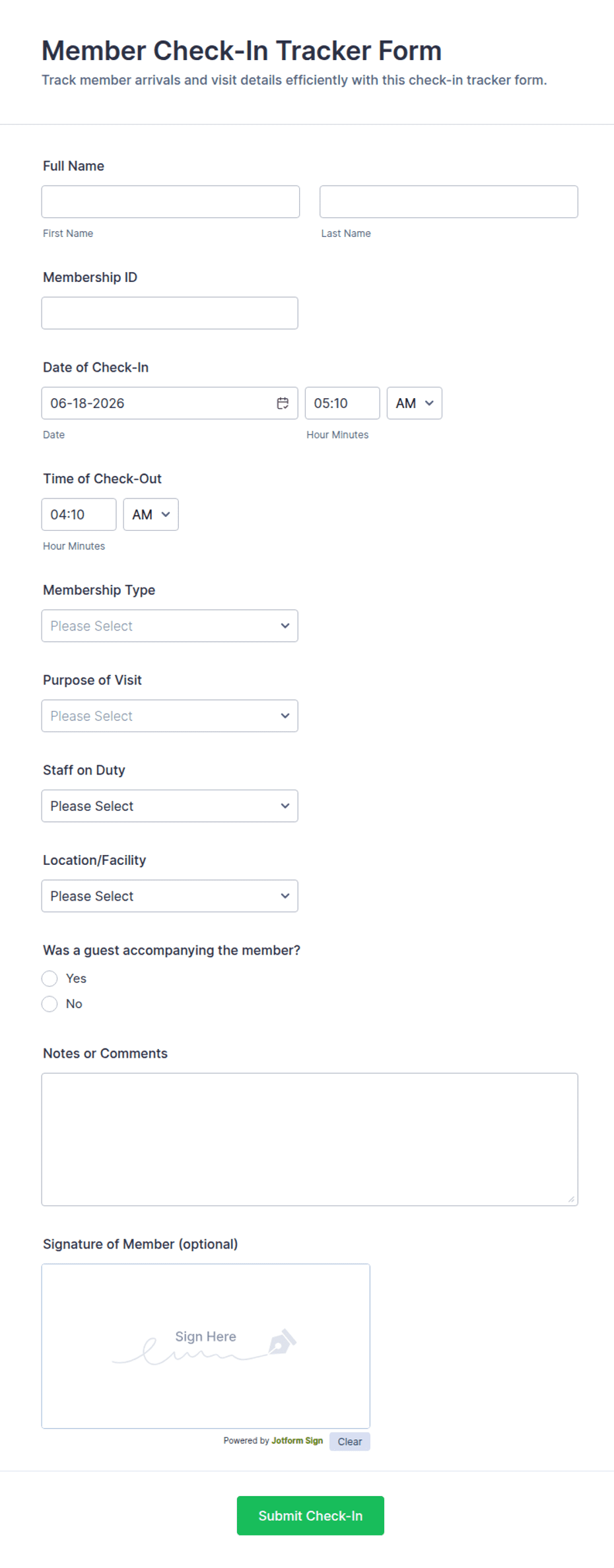Member Check-In Tracker Form Template | Jotform
