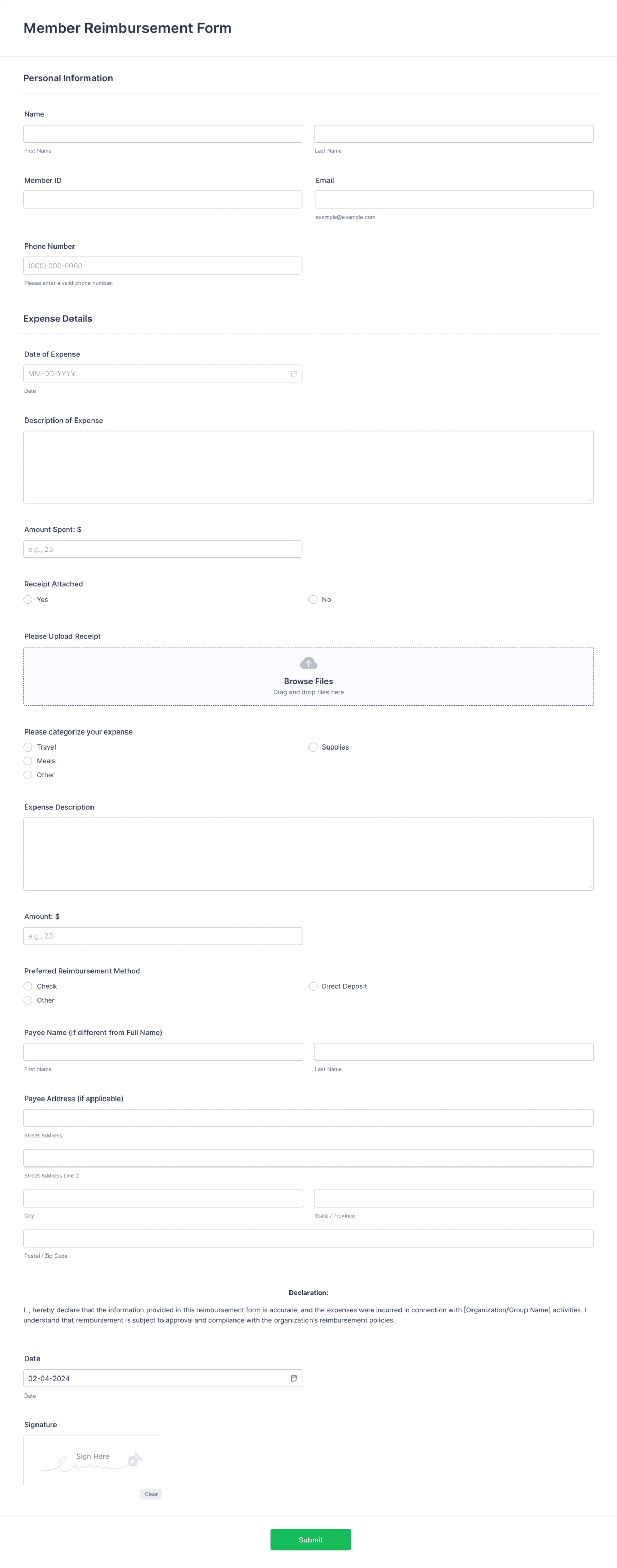 Member Reimbursement Form Template | Jotform