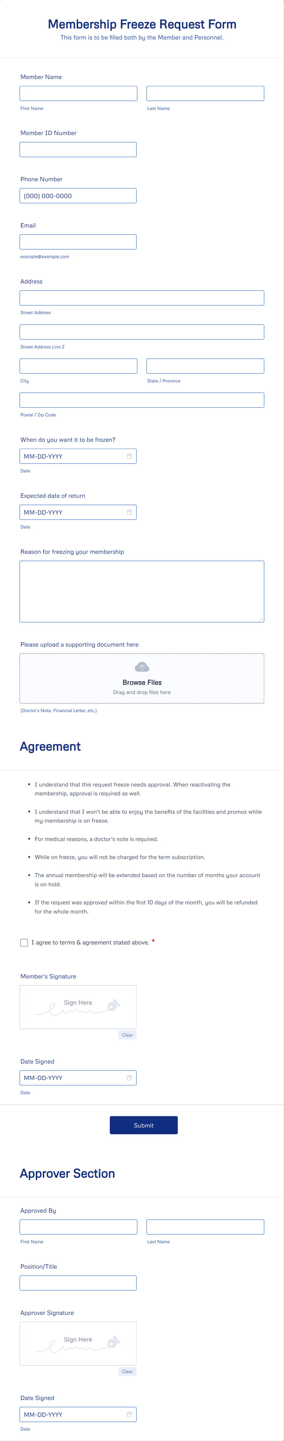 Membership Freeze Request Form Template | Jotform